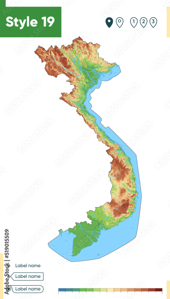 Vietnam - high detailed physical map. Vector map. Dem map. Stock Vector ...