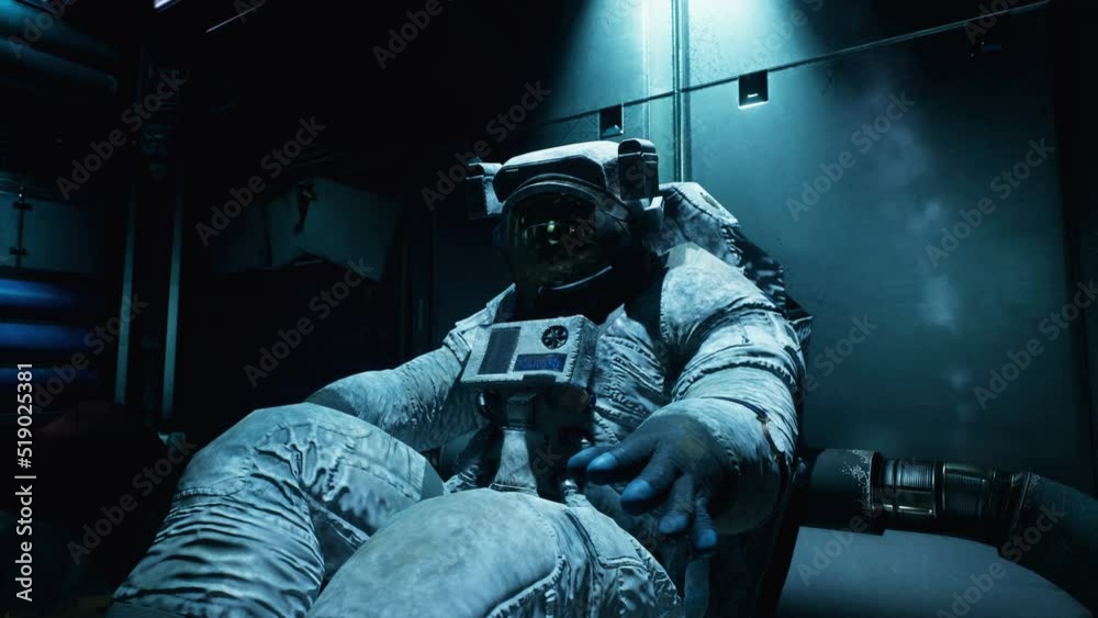 An astronaut lies in the room of a spaceship that crashed. Concept of a ...