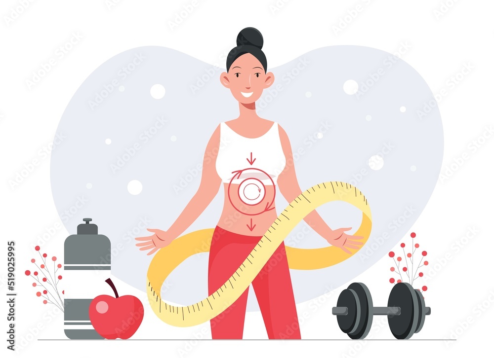 Metabolic process concept. Happy woman with dumbbell, character goes in ...