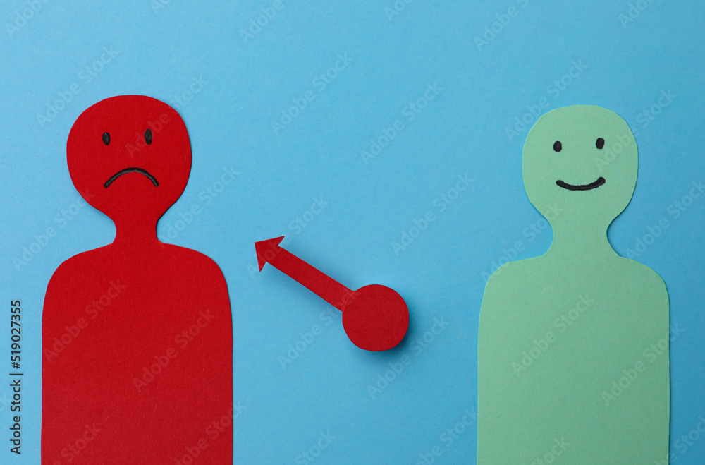 Mood indicator on light blue background, flat lay. Emotional management ...