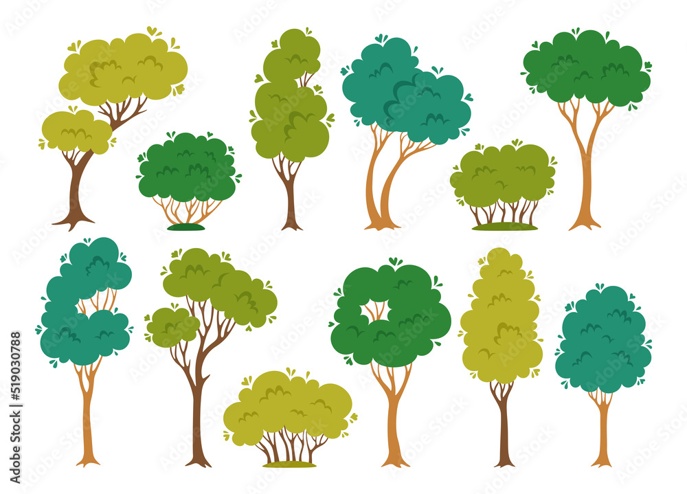 Trees and shrub flat cartoon set. Abstract evergreen stylized plant ...