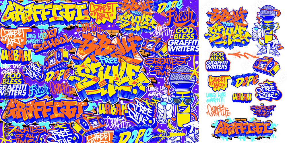 A set of colorful graffiti art sticker illustrations. Cool graffiti ...
