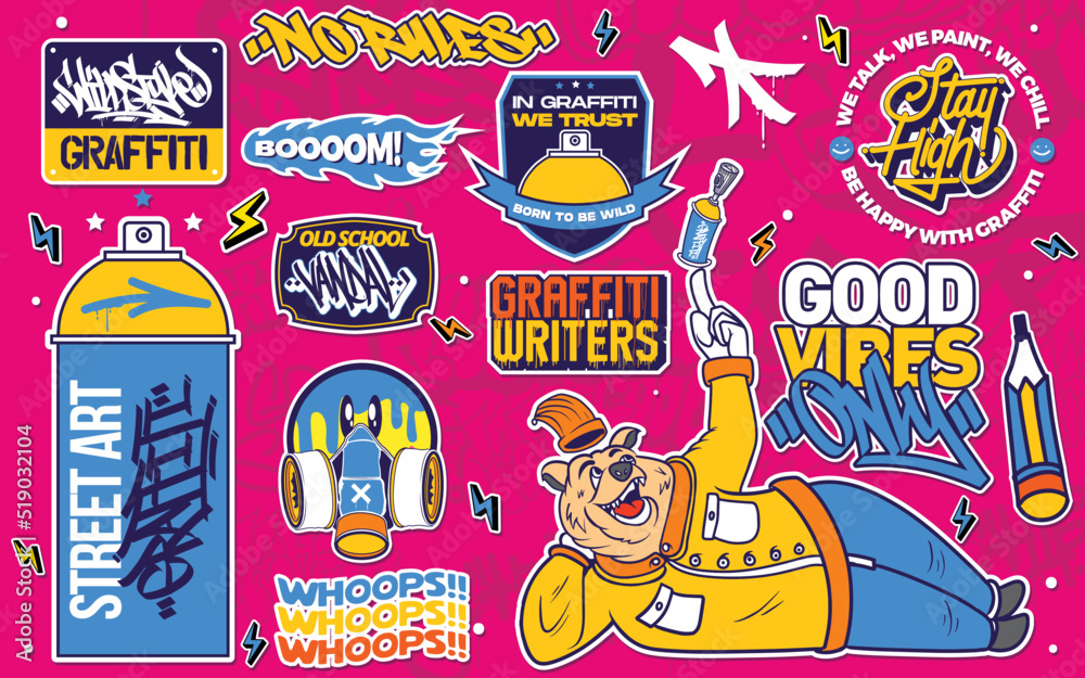 A Set Of Colorful Graffiti Art Sticker Illustrations Cool Graffiti Sticker For Background