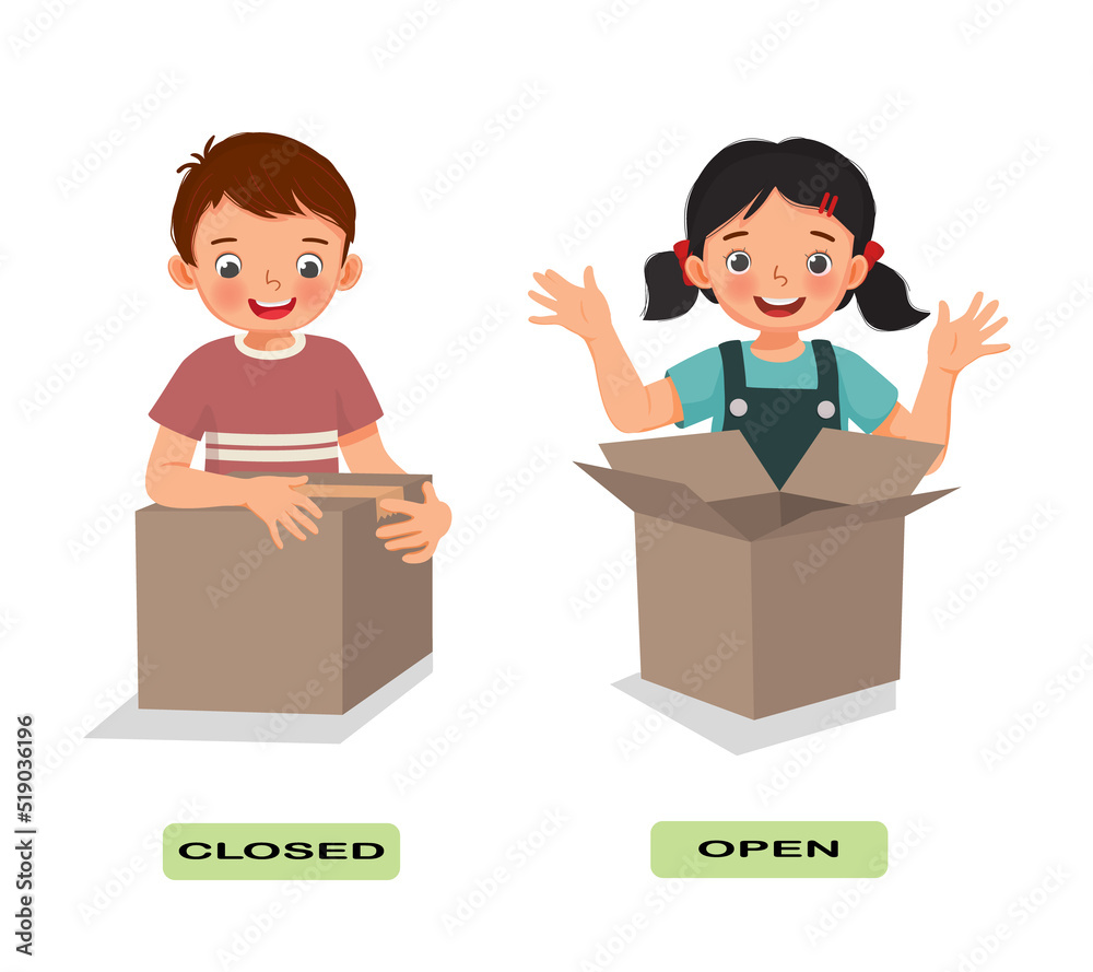 Opposite adjective antonym English words open closed illustration for ...