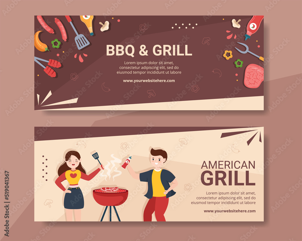 BBQ or Barbecue Horizontal Banner Template Flat Cartoon Background ...