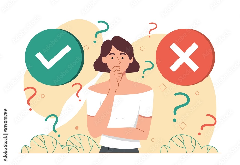 Yes or no concept. Girl makes decision. Thoughtful character makes ...