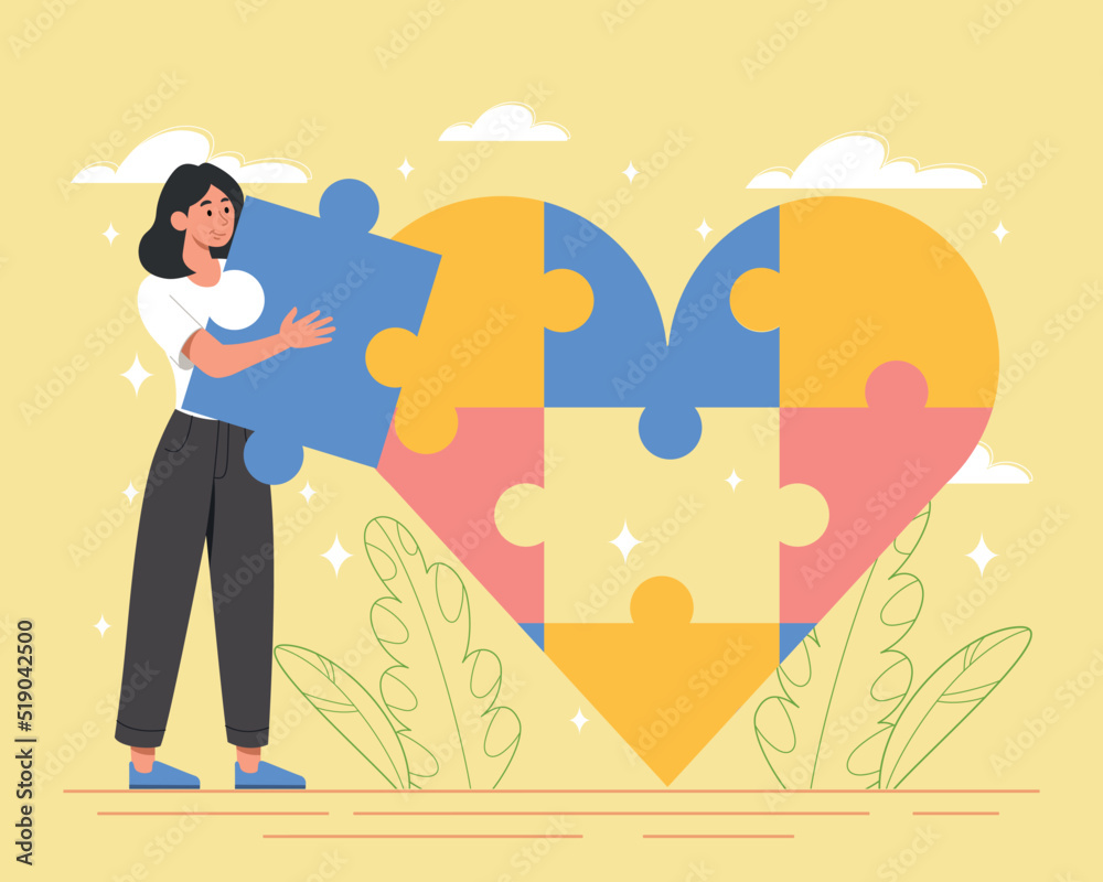 Woman with puzzle heart. Conscious building of love and relationships ...