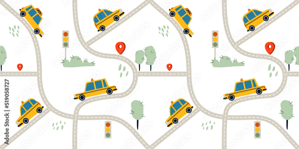 New York cab pattern. Yellow checkerboard cars and city road plan. NY ...