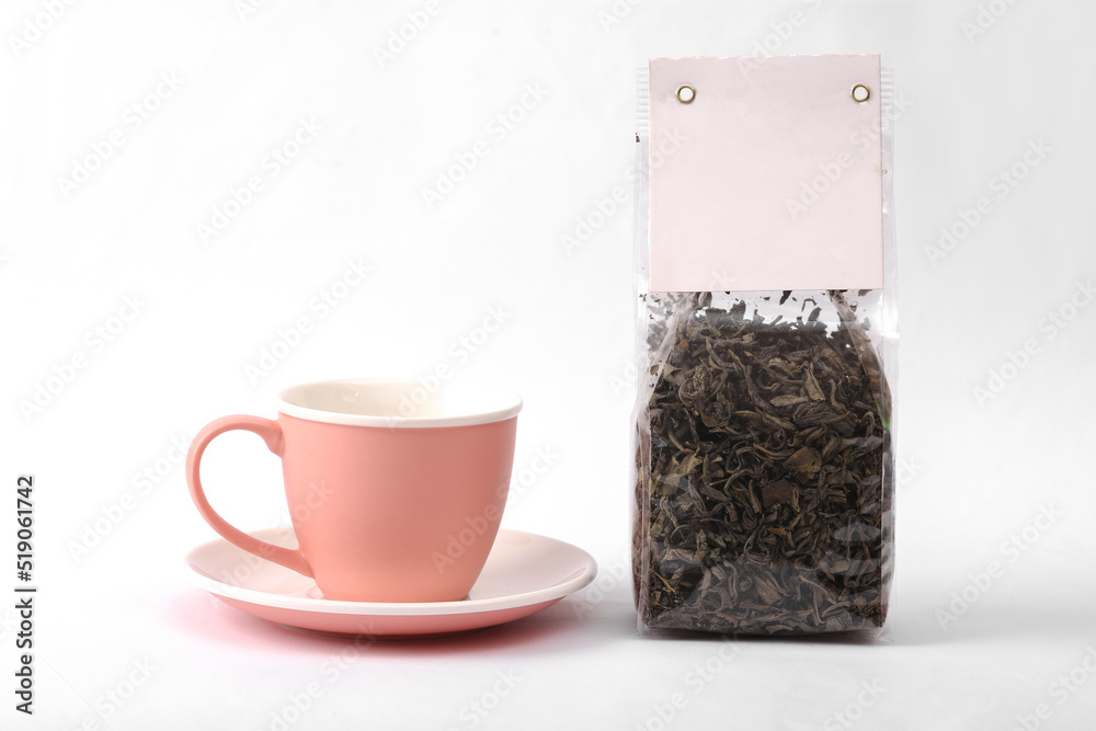 Mockup packaging of green tea with cup isolated on white background ...