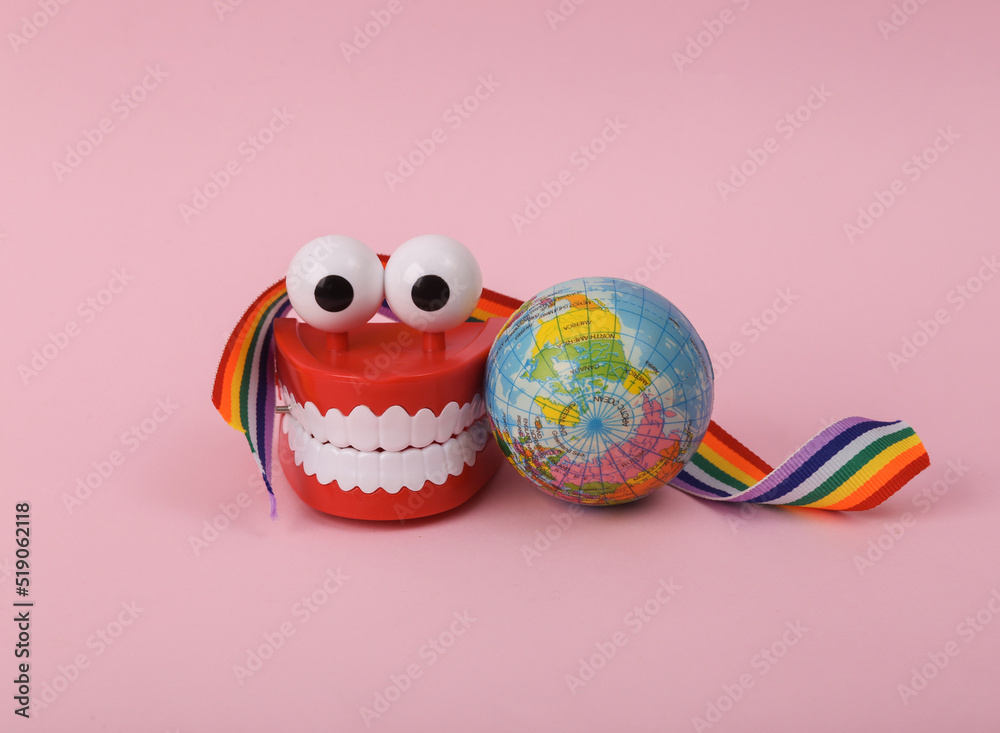 International day against homophobia. Clockwork jaw with eyes wrapped ...