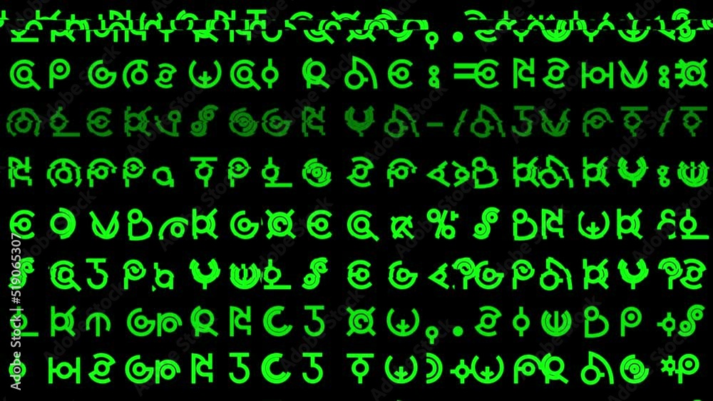 Motion graphics featuring scrolling lines of glitchy alien style hieroglyphs and written text ...