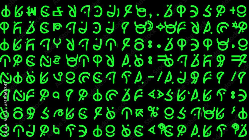 Motion graphics featuring lines of alien style curvy hieroglyphs and ...