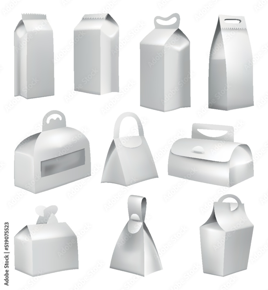 Food packages. Realistic take away food boxes mock up. Blank white ...