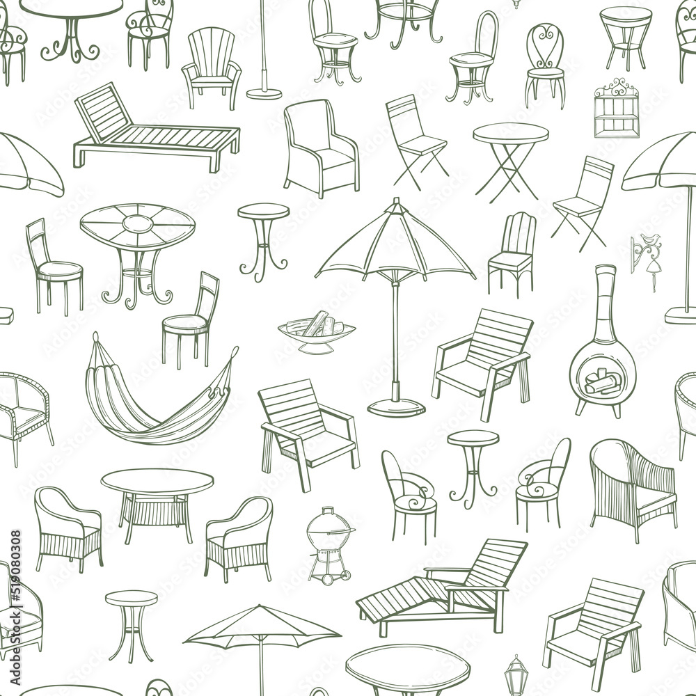 Hand drawn garden furniture. Vector sketch illustration. Stock Vector ...