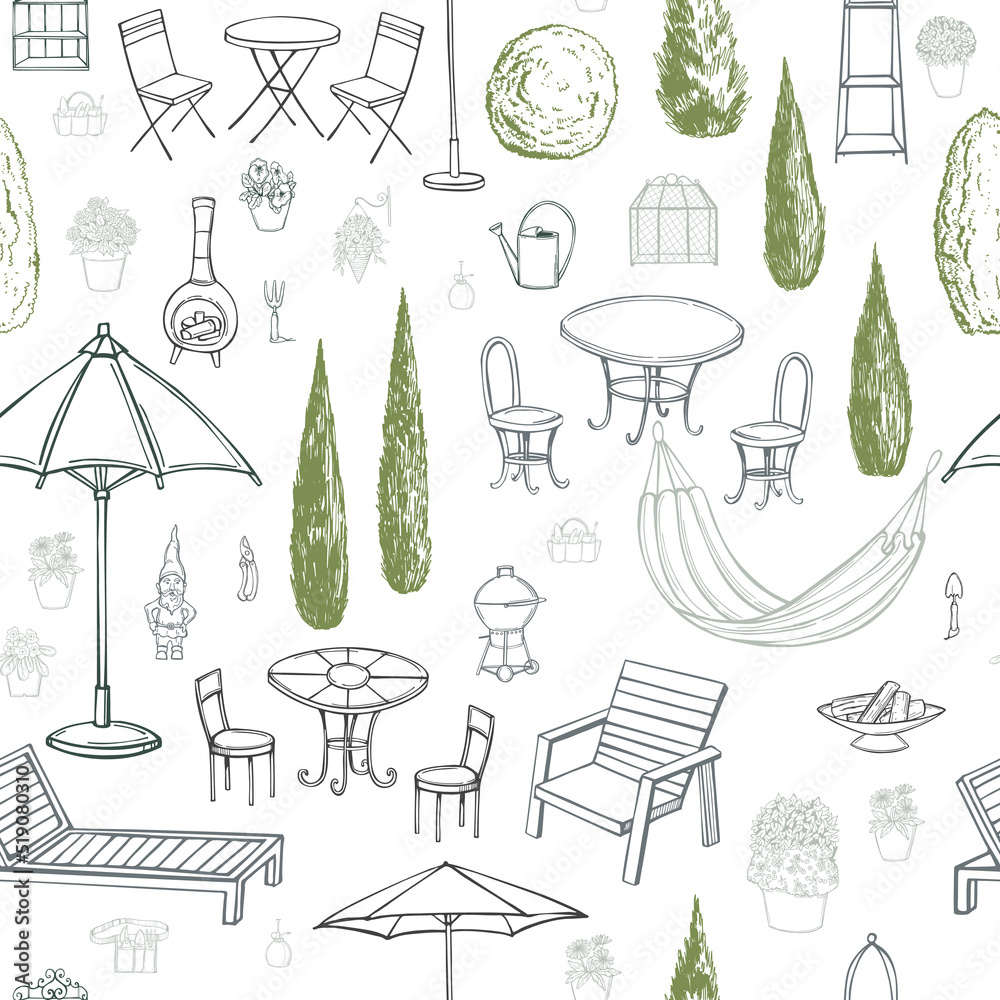 Hand drawn garden furniture. Vector sketch illustration. Stock Vector ...
