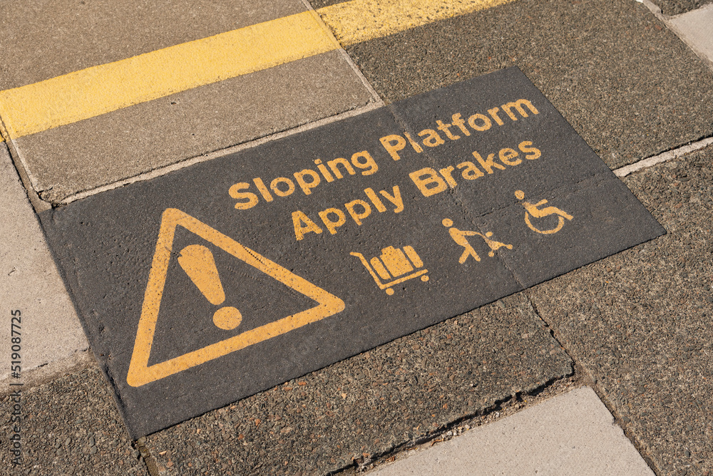 St Erth, Cornwall, England, UK. 2022. Warning sign of a sloping ...