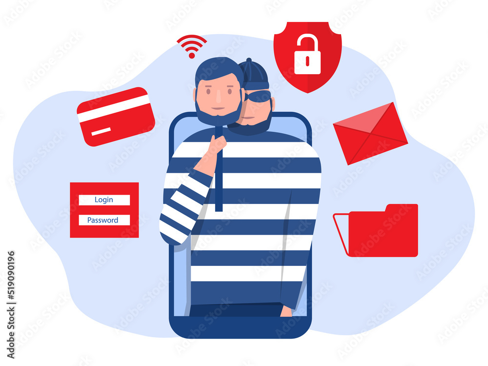 Criminal hacker holding friends mask for hacking on mobile phone screen ...