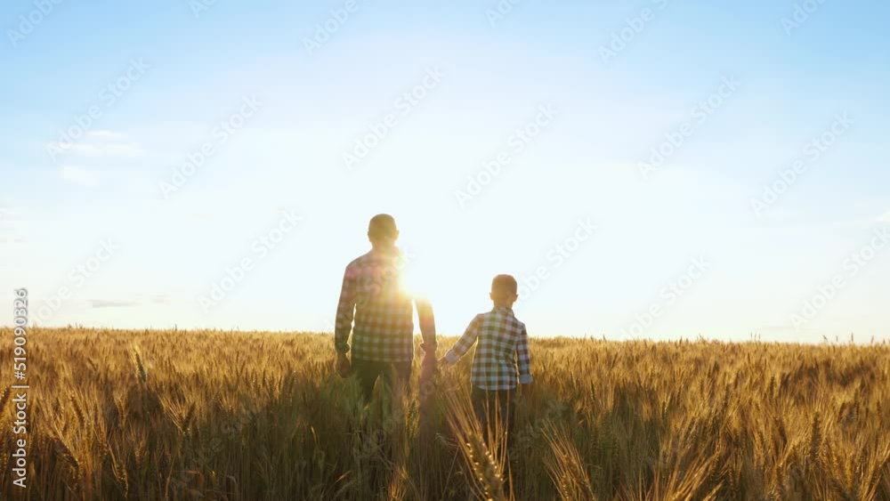A family of farmers. Father and son walk through a wheat field holding ...