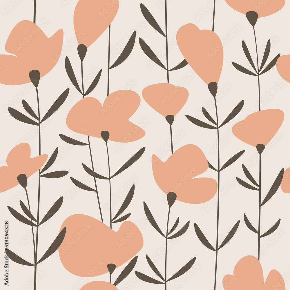 Beige floral background seamless pattern. Abstract flowers with leaves ...