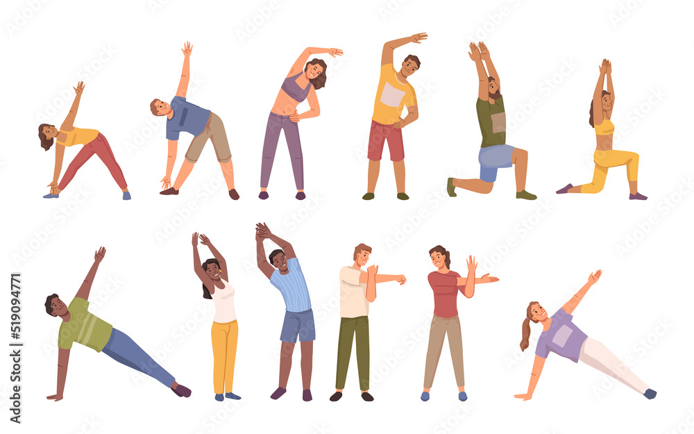 Parents and kids doing exercises, working out and leading active ...