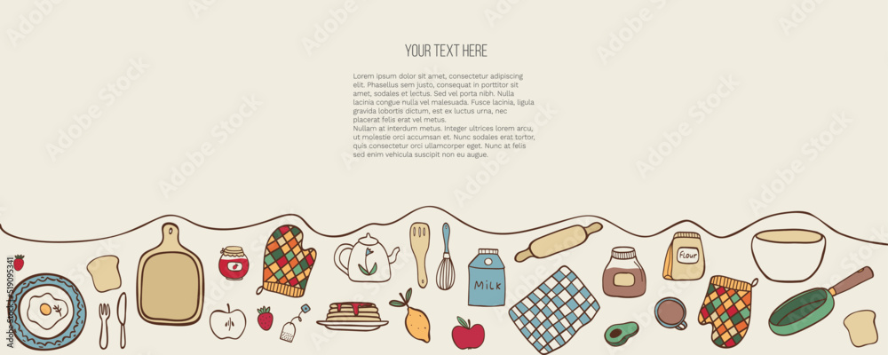 Vector banner with hand drawn food and kitchen items in doodle style ...