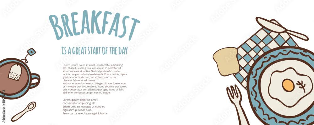 Vector banner with hand drawn food and kitchen items in doodle style ...