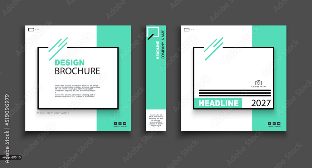 Brochure cover design, green and white, A4. Tech info banner.Title ...