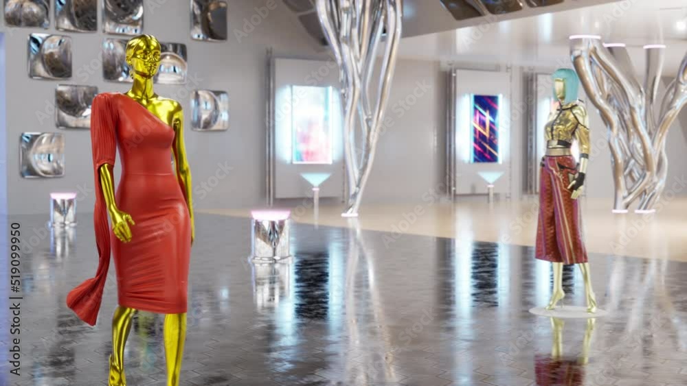 Fashion show in 3D: invisible model in pantsuit. Fashionable red dress ...