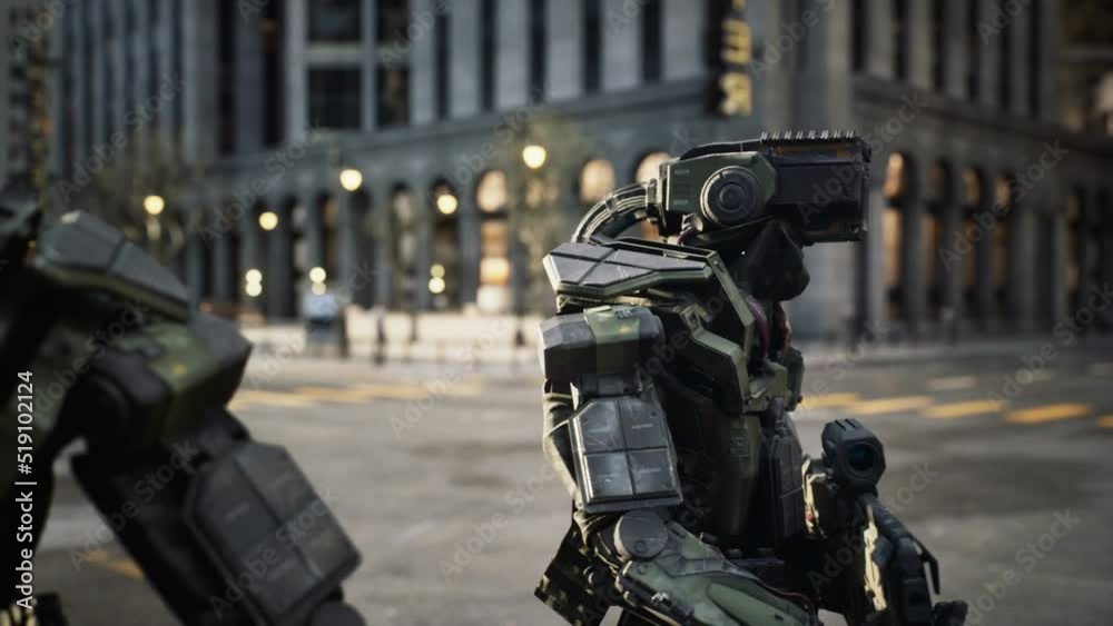 Military robots in the modern city of the future. Robotic soldiers on ...