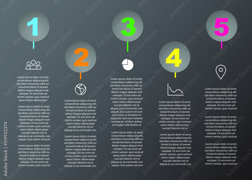 Vector infographic with five numbered stairs, icons and place for text ...