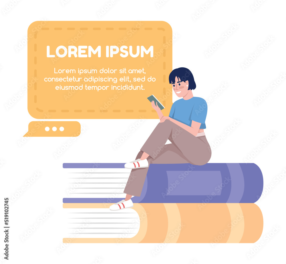 Remote learning quote textbox with flat character. College student ...