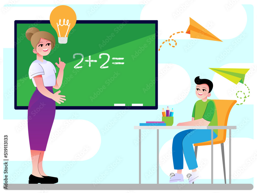 Pupil and teacher in classroom. School pedagogue teach math lesson to ...