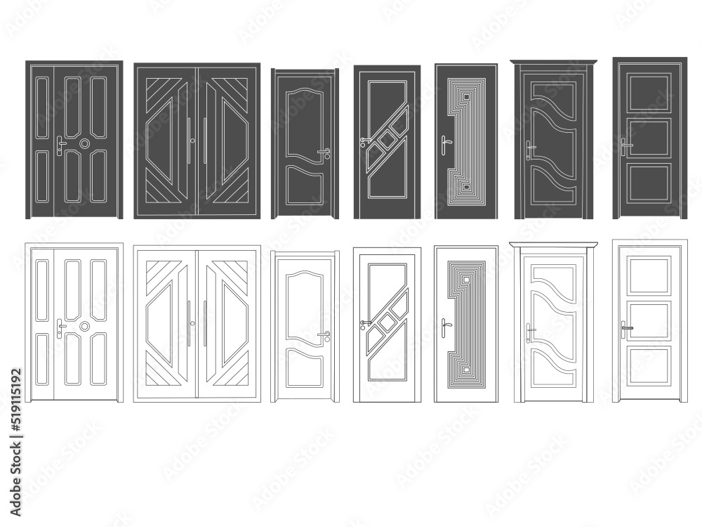 Modern wooden opened and closed door vector in different positions ...