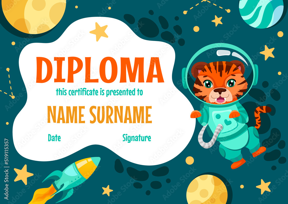 School diploma, certificate template with cute tiger astronaut for kids ...