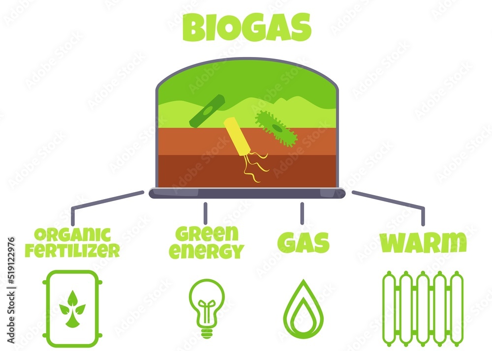 Poster Biogas usage in energy consumption, cartoon infographic, flat ...