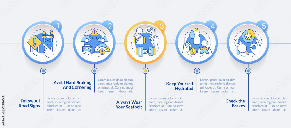 Driving safety for commercial drivers circle infographic template. Data ...