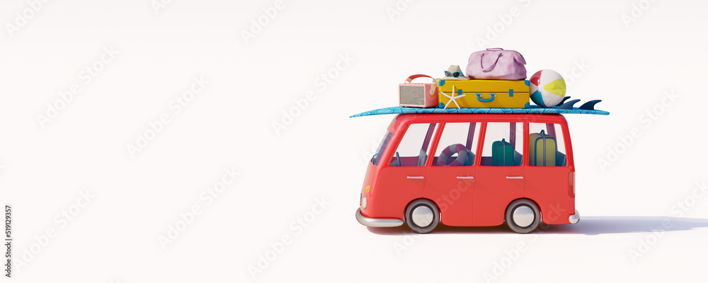 Bus with luggage and beach accessories ready for summer vacation ...