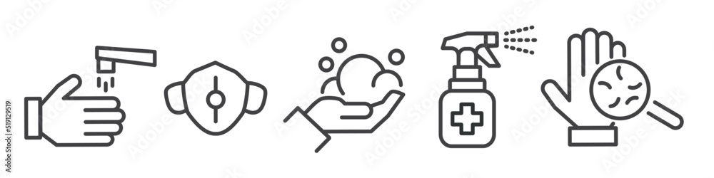 Hygiene instructions and prevention - thin line icon collection on ...