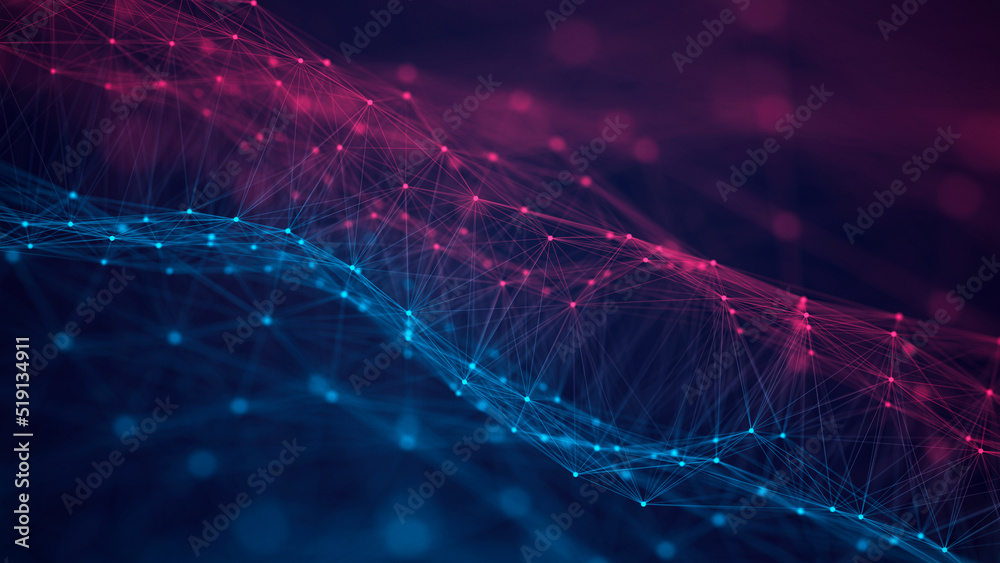 Abstract dark background with moving lines and dots. Data transmission ...