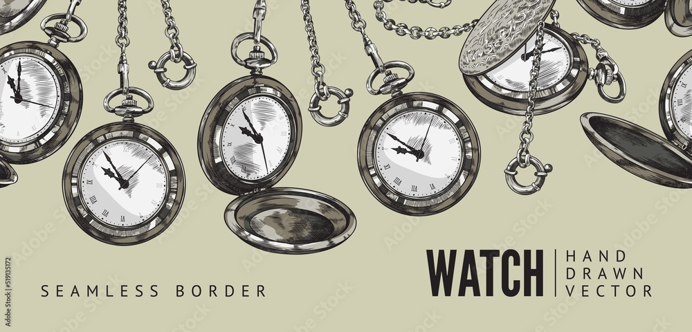 Seamless border with hand drawn opened pocket watches with chains ...