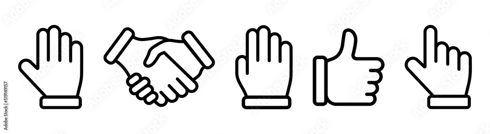 Set of different hands, like, handshake, cursor, thumb up line icons ...