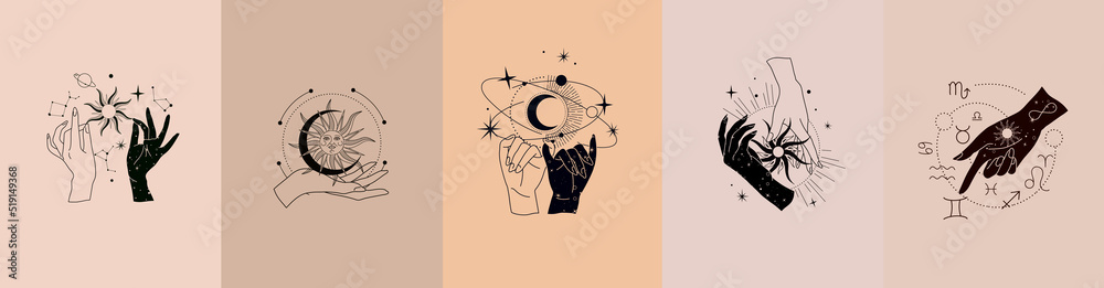Spiritual esoteric magic logo or talisman with woman hands in ...