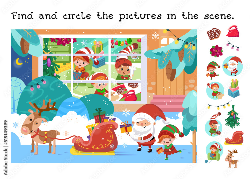 Find and circle objects. Educational game for children. Cute Santa ...