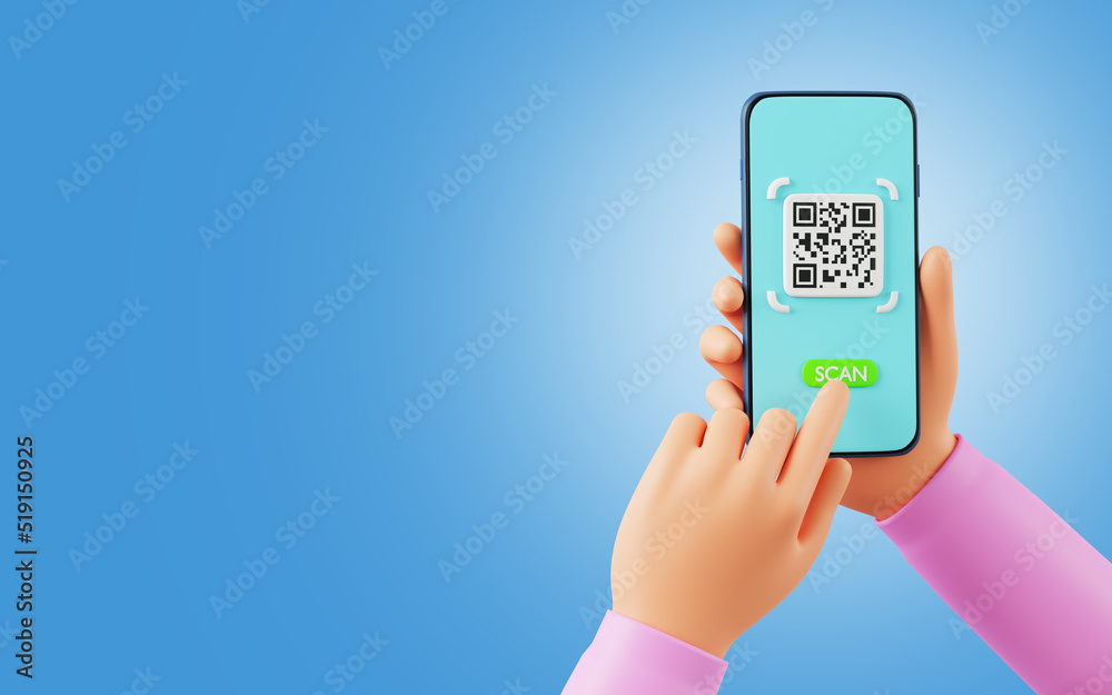 Cartoon holding smartphone for QR code scanning icon in smartphone, QR ...