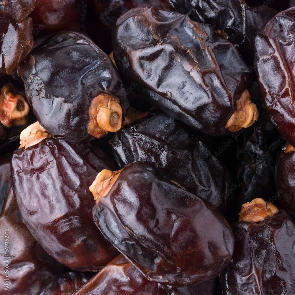 pile of fresh dates, closeup view of edible and tropical sweet fruits ...