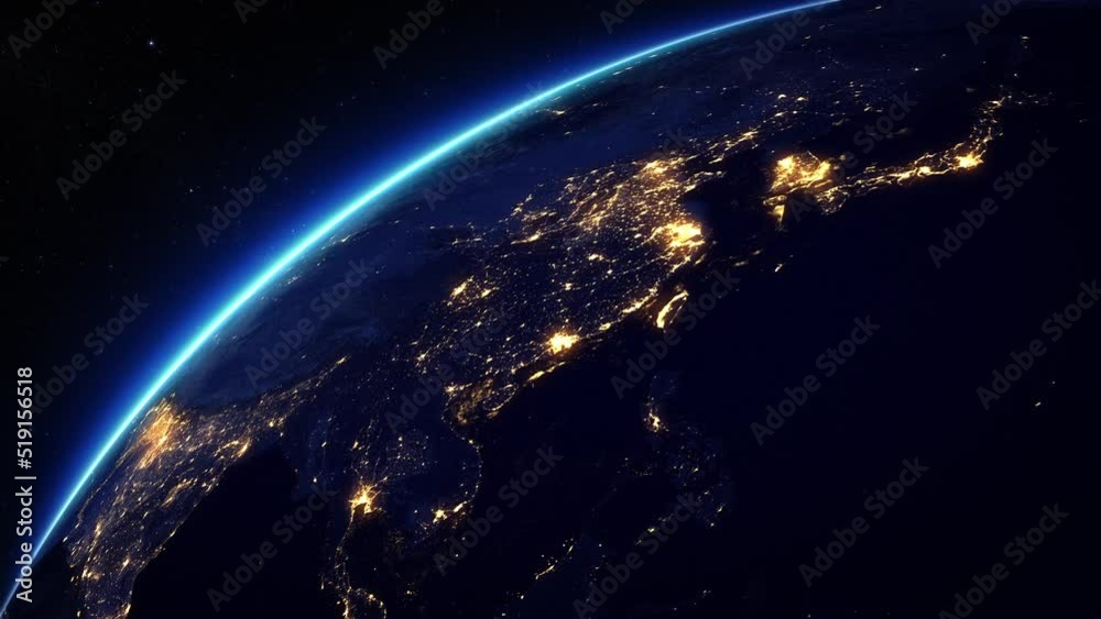 Animation of Asia Map at night. Earth Seen From Space with city lights ...