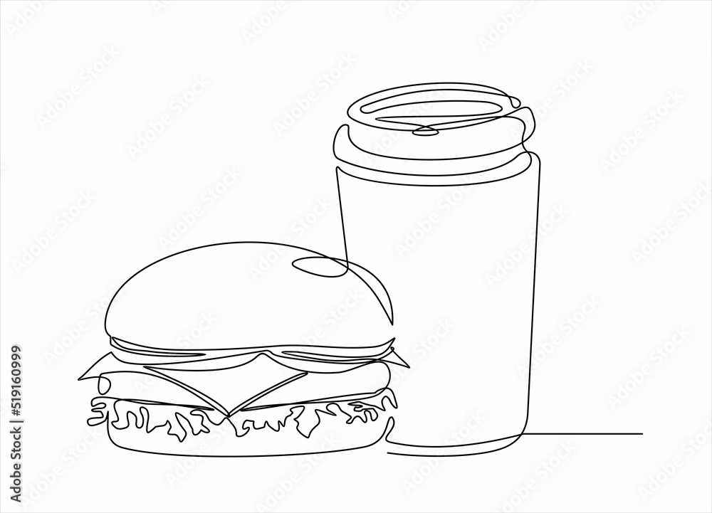 Burger and soda takeout food in continuous line art drawing style. Fast ...