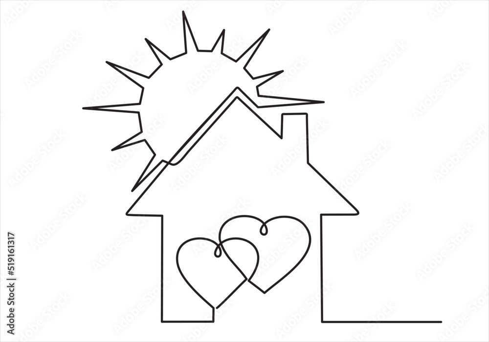Continuous one line drawing Two hearts inside house, Love and family ...
