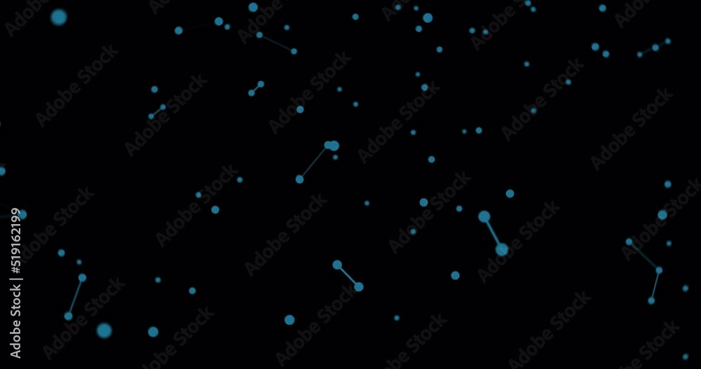 Blue dots connect in lines in space. Camera rotation and zoom. Alpha ...