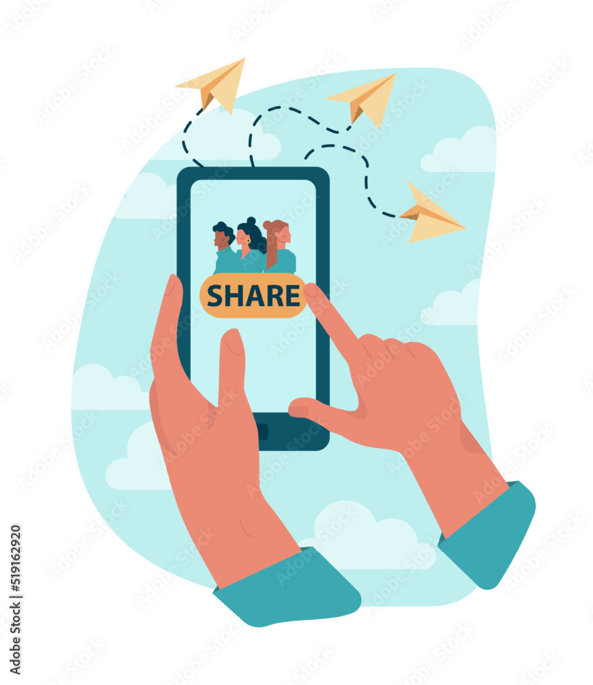 Sharing concept. Character using devices to share posts in social Stock ...